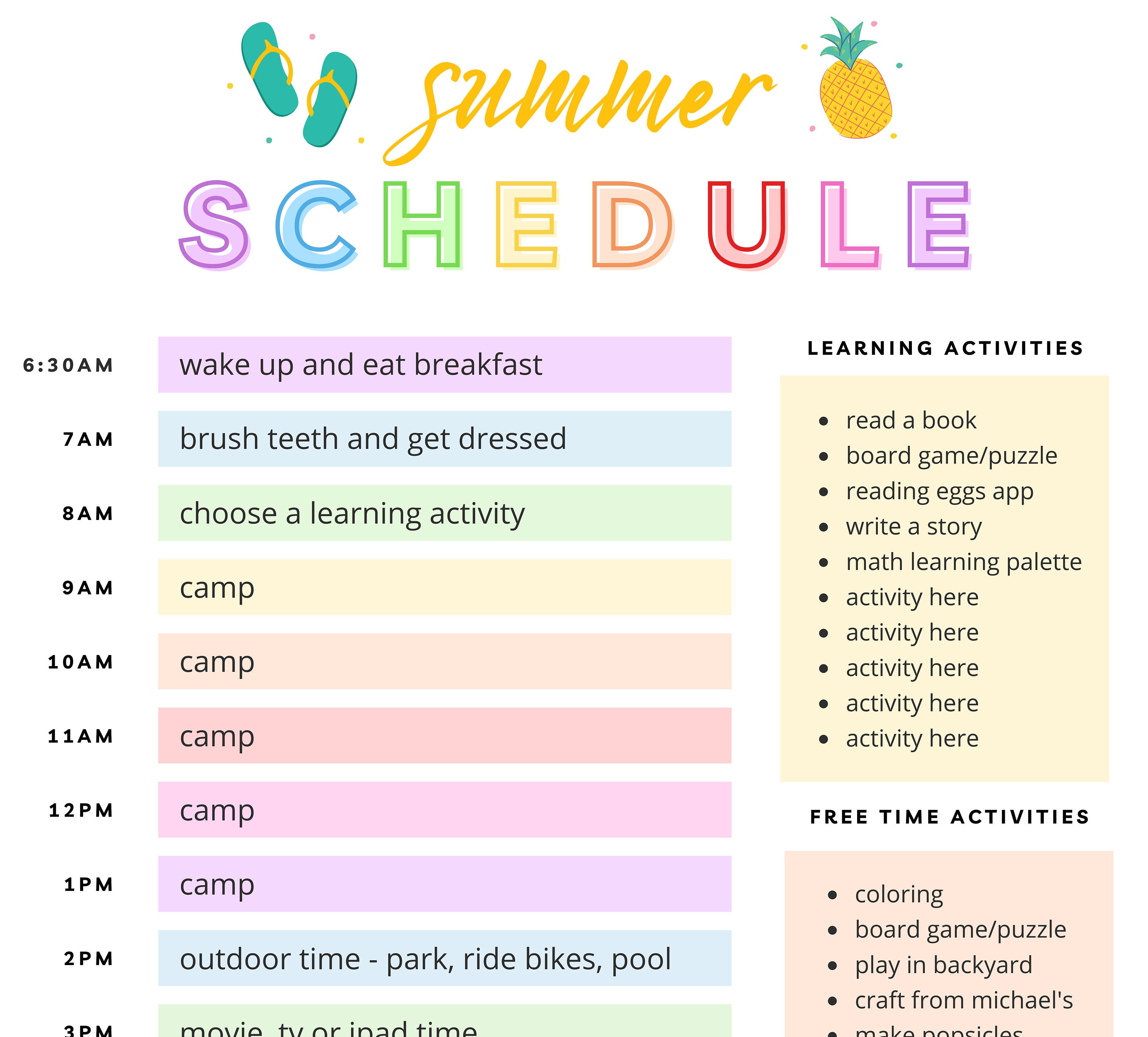 Editable Kids Schedule, Kids Summer Schedule, Summer Routine Chart ...