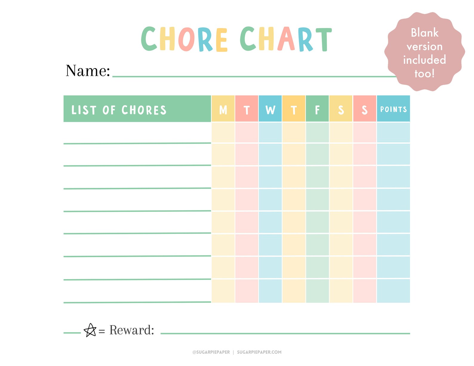 Summer Chore Chart for Kids, Responsibility Chart, Printable Checklist ...