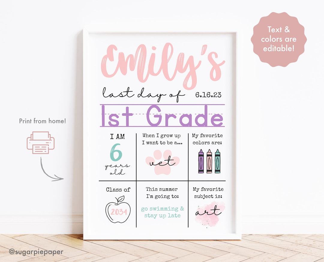 Last Day of 1st Grade, End of School Year, Printable Sign Template ...