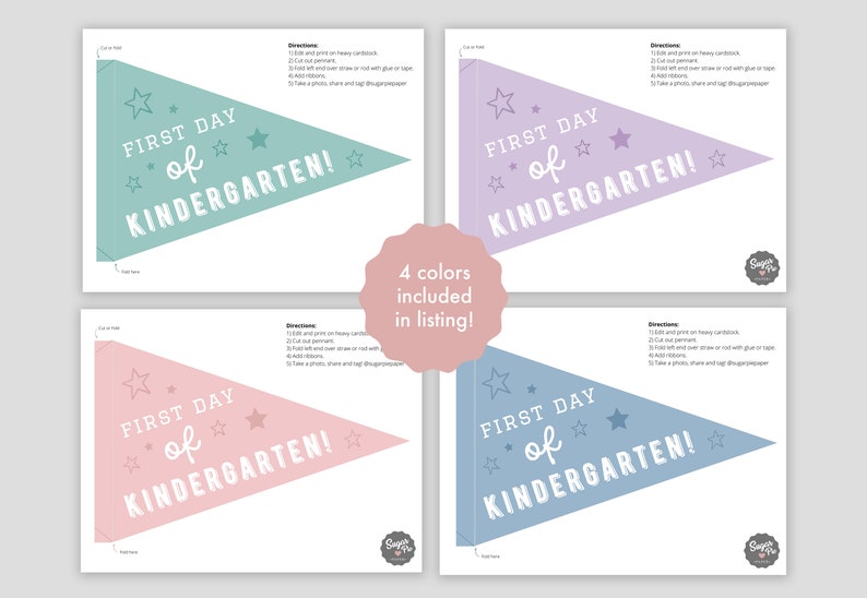 First Day Kindergarten Flag Printable, Back to School Pennant, 1st Day ...