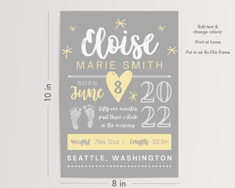 Birth Stats Sign Printable Birth Announcement Template - Etsy