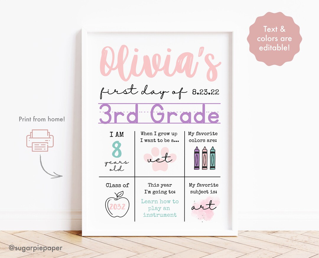 First Day of 3rd Grade Sign, Back to School Printable, Editable School ...
