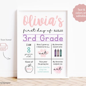 First Day of 3rd Grade Sign, Back to School Printable, Editable School ...