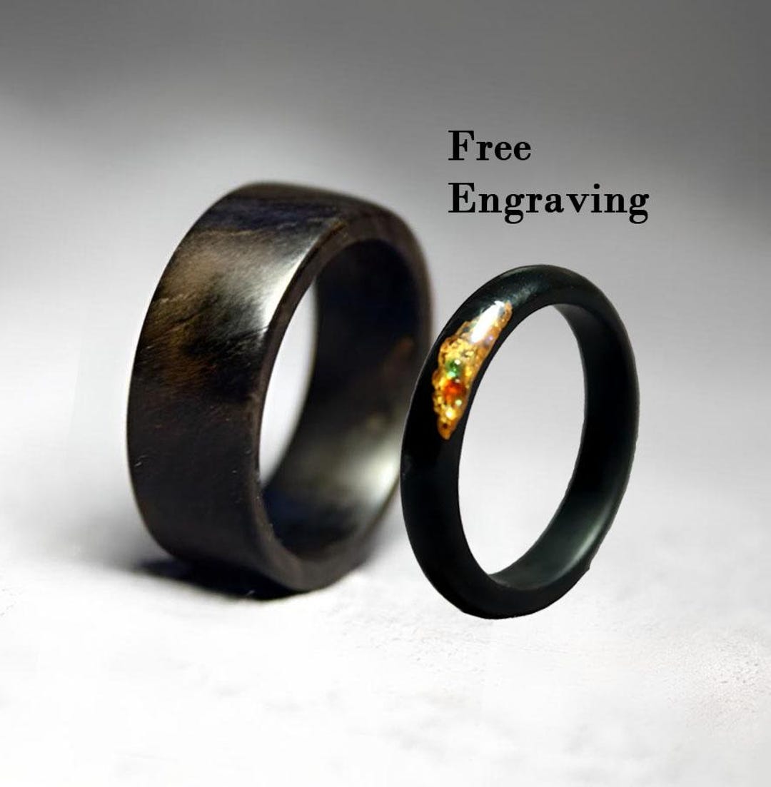 African Blackwood Matching Couple Rings: Gold Accent, Gemstone Inlay - Etsy