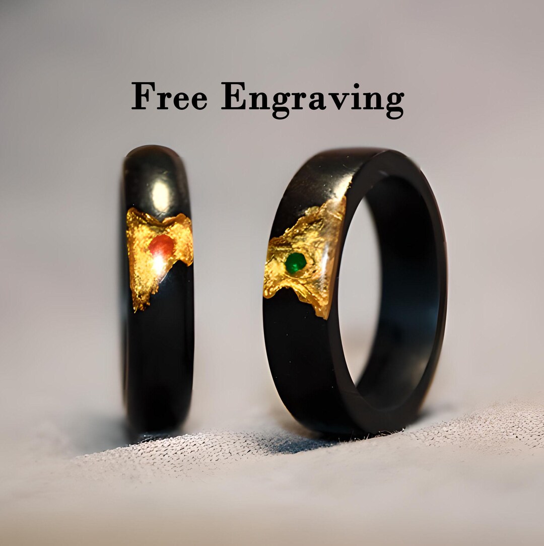 African Blackwood Couple Rings: Matching Wood Rings With Gemstones - Etsy