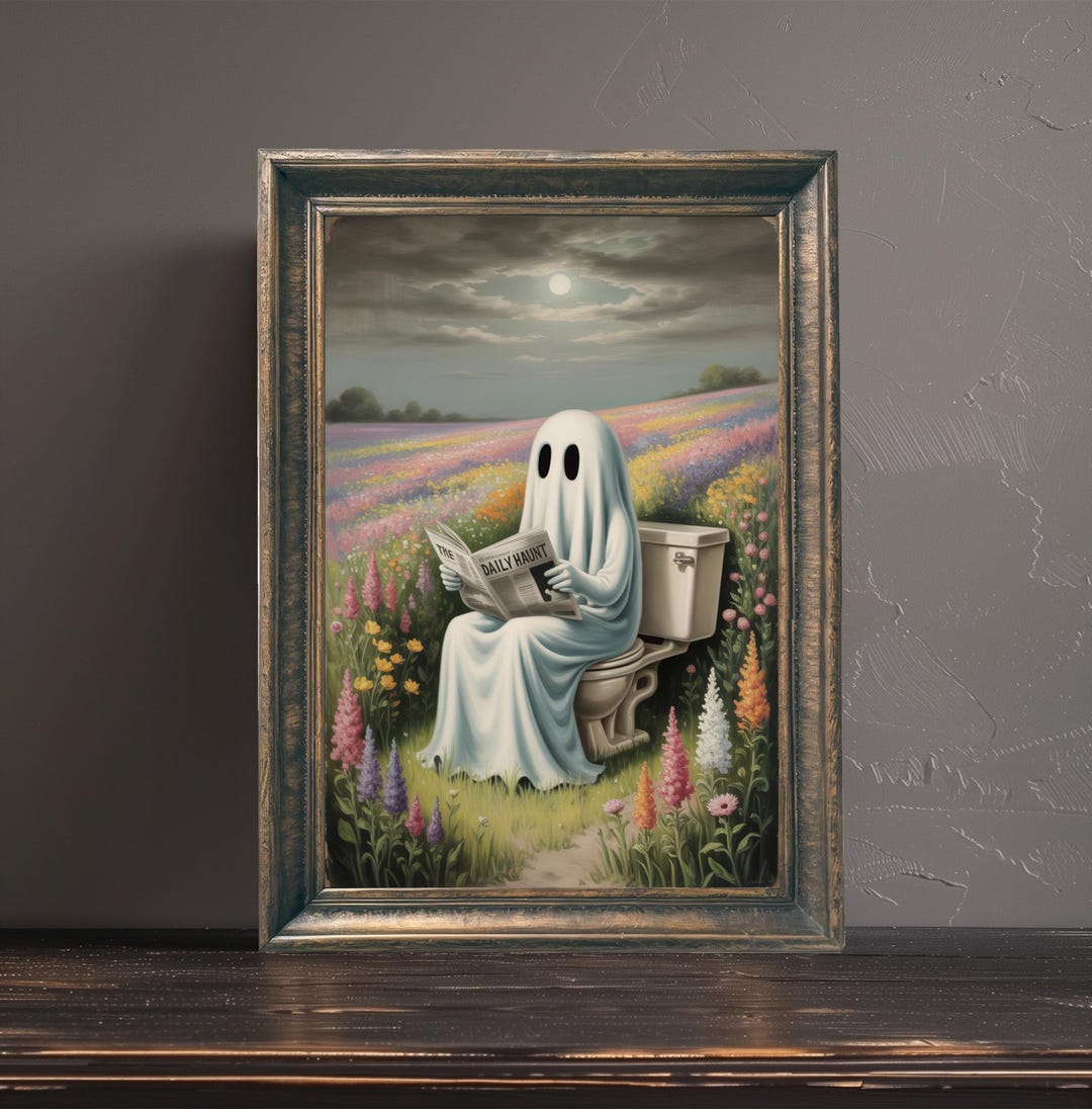 Ghost Reading A Newspaper in Flower Garden, Floral Print Art, Ghost on ...