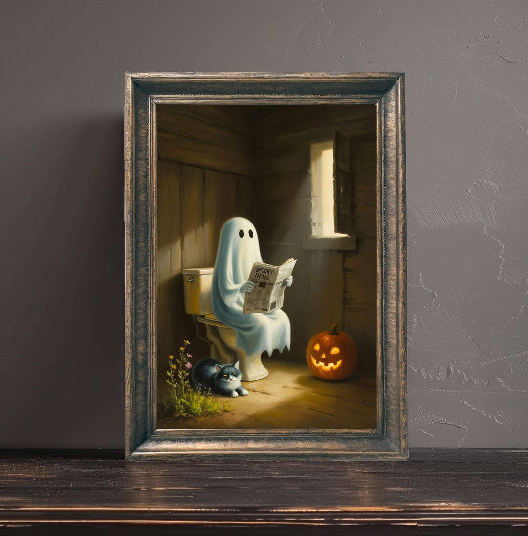 Ghost Reading Newspaper in the Toilet Poster, Black Cat With Pumpkin ...