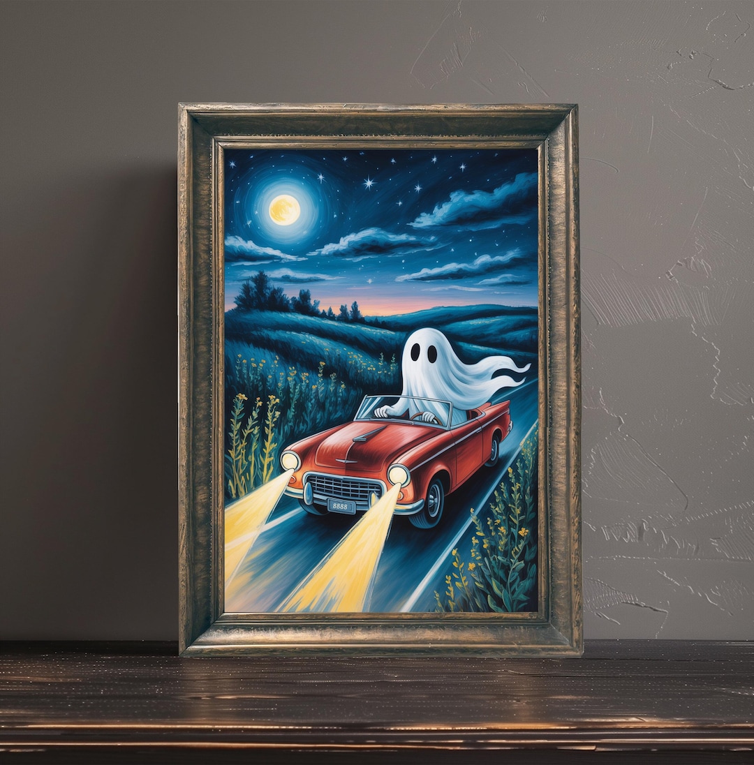 Ghost Driving Car on the Road Poster, Spooky Drive Motif, Cute Ghost ...