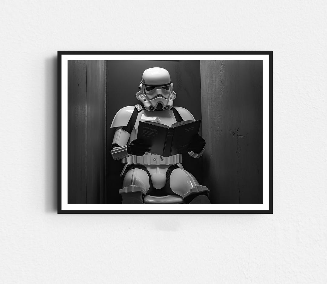 Stormtrooper Reading on Toilet Poster Black and White: Funny Bathroom ...