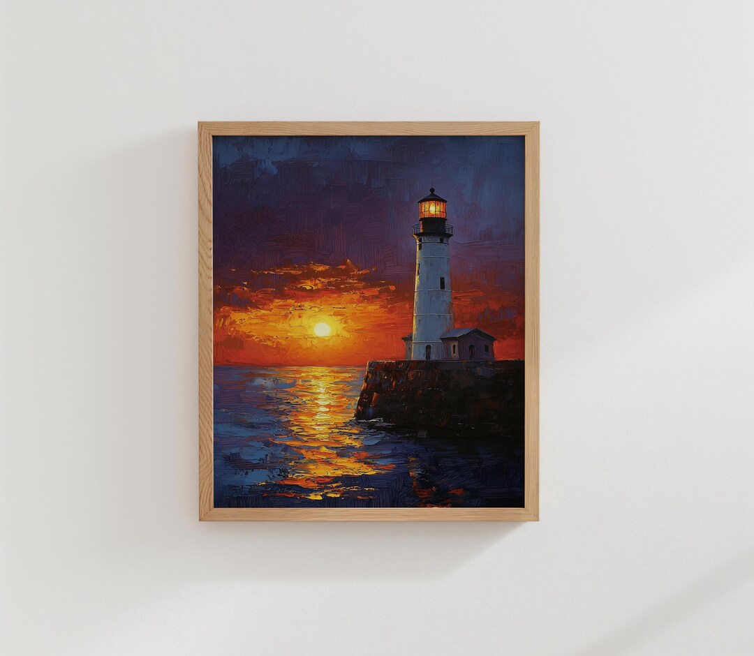 Lighthouse Overlooking Twilight Waters - Coastal Oil Painting, Warm ...