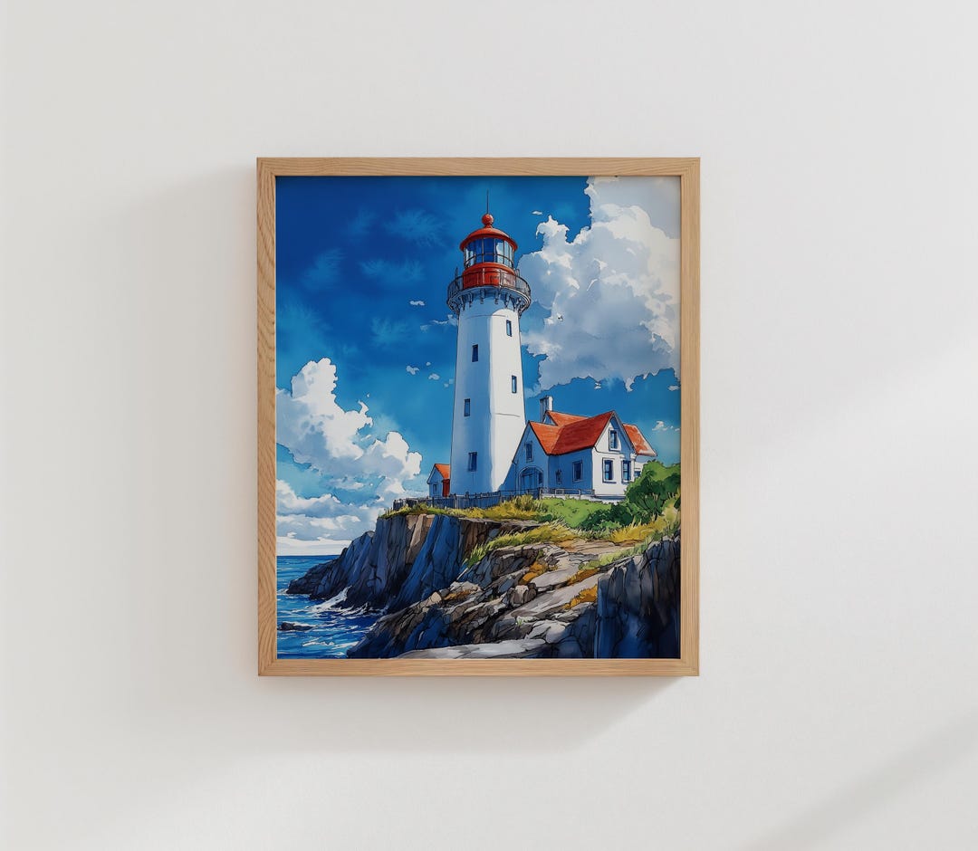 Lighthouse in a Snowy Coastal Scene - Winter Nautical Wall Art, Moody ...