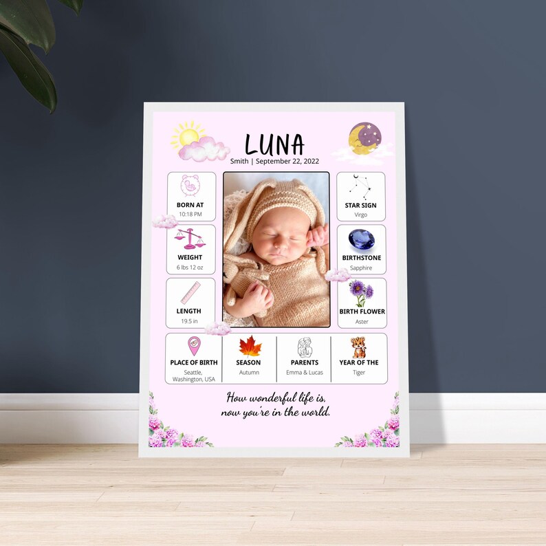 Personalized Baby Birth Stats Print: Custom Nursery Art, Photo Keepsake ...