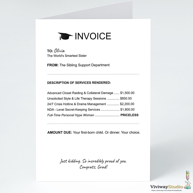 Funny Sibling Graduation Card for Sister | Sarcastic Invoice Humor - Etsy