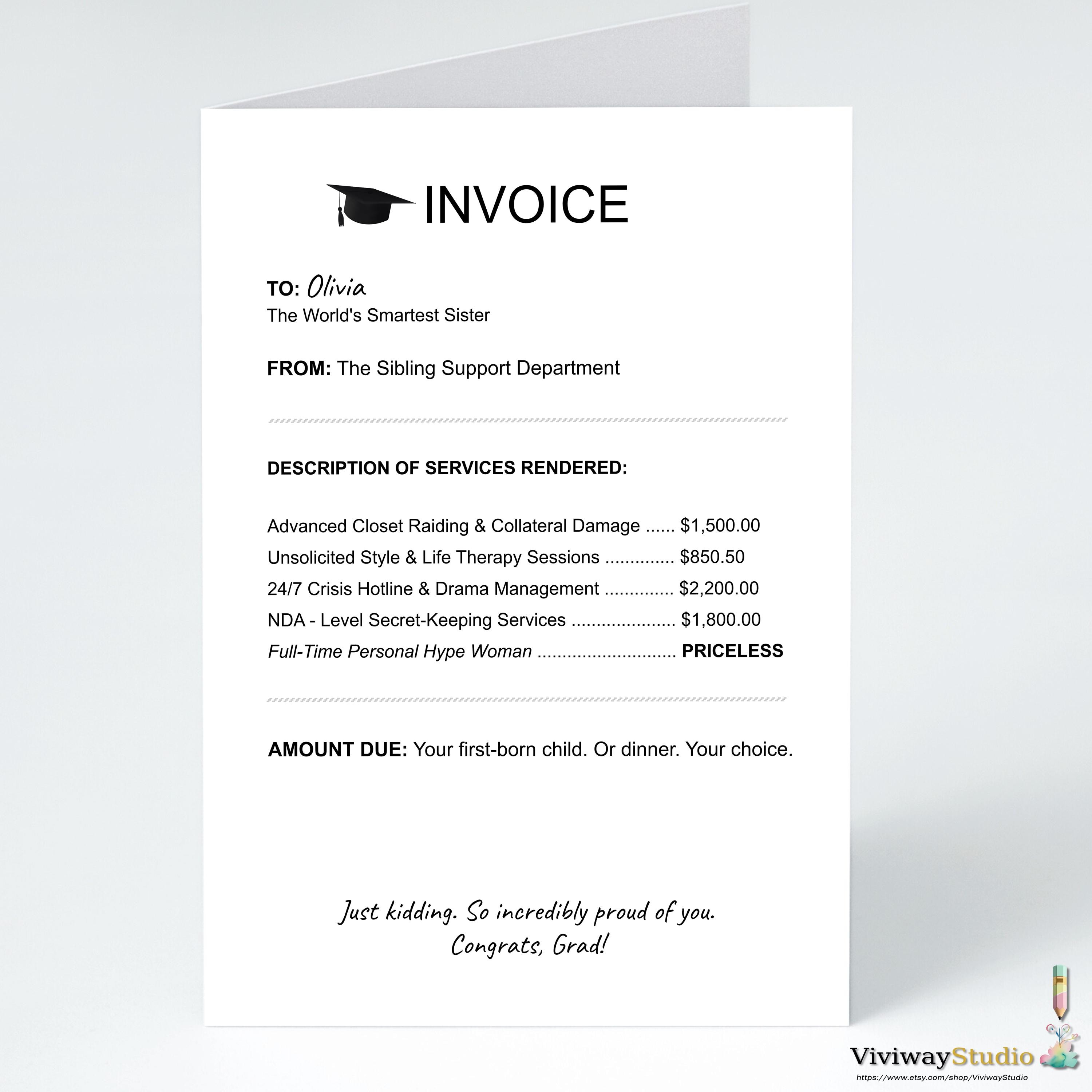 Funny Sibling Graduation Card for Sister | Sarcastic Invoice Humor - Etsy