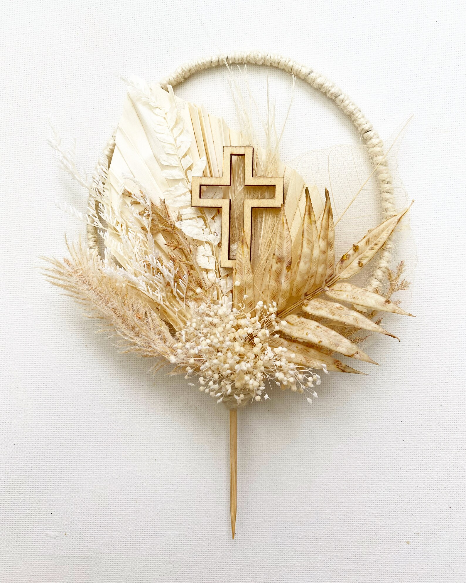 Natural Boho Christening Cake Topper: Wooden Cross, Dried Florals (13cm ...