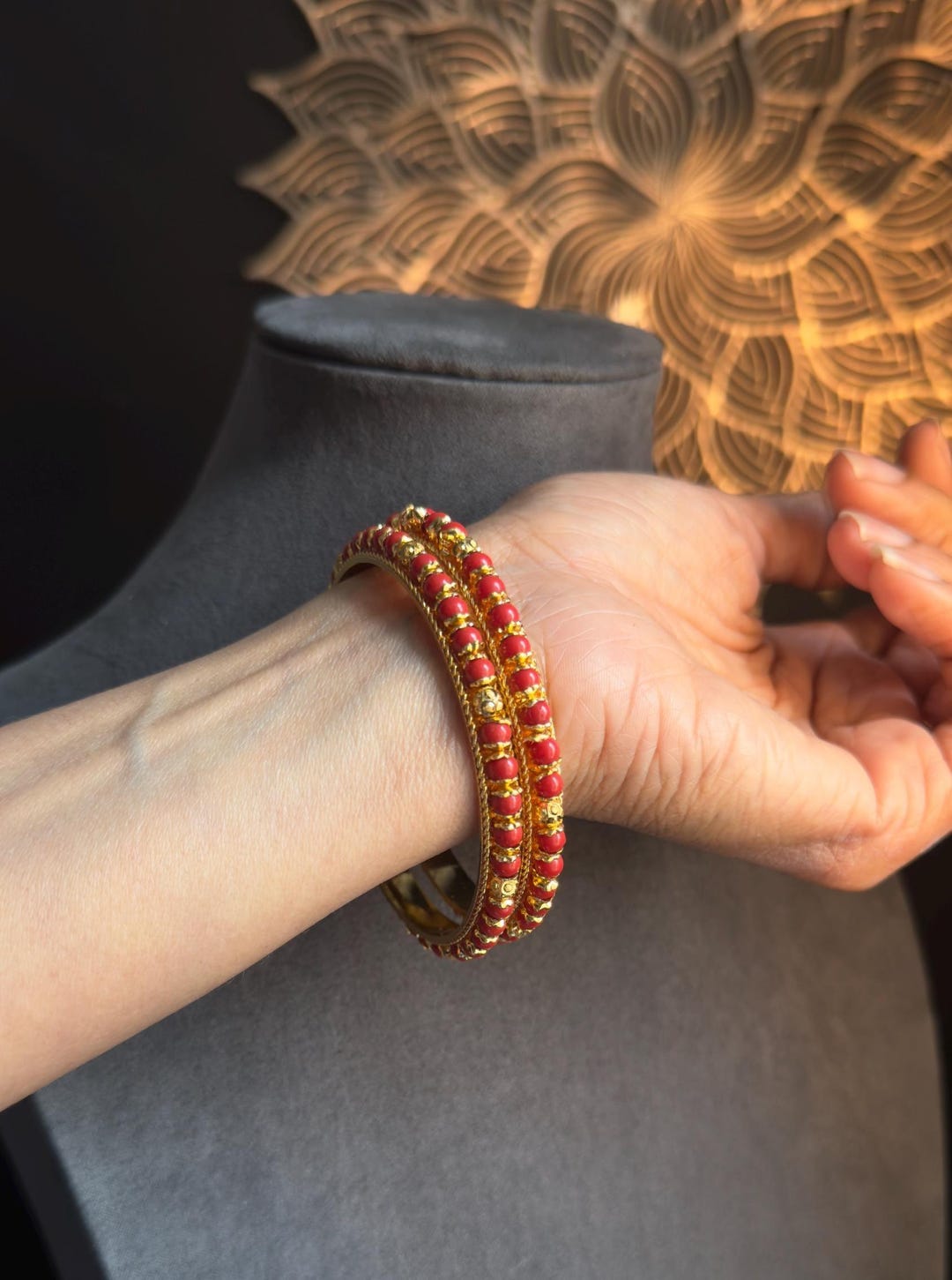 Elegant Gold Plated Coral Pavazha Bangle Gemstone Gold South Indian ...