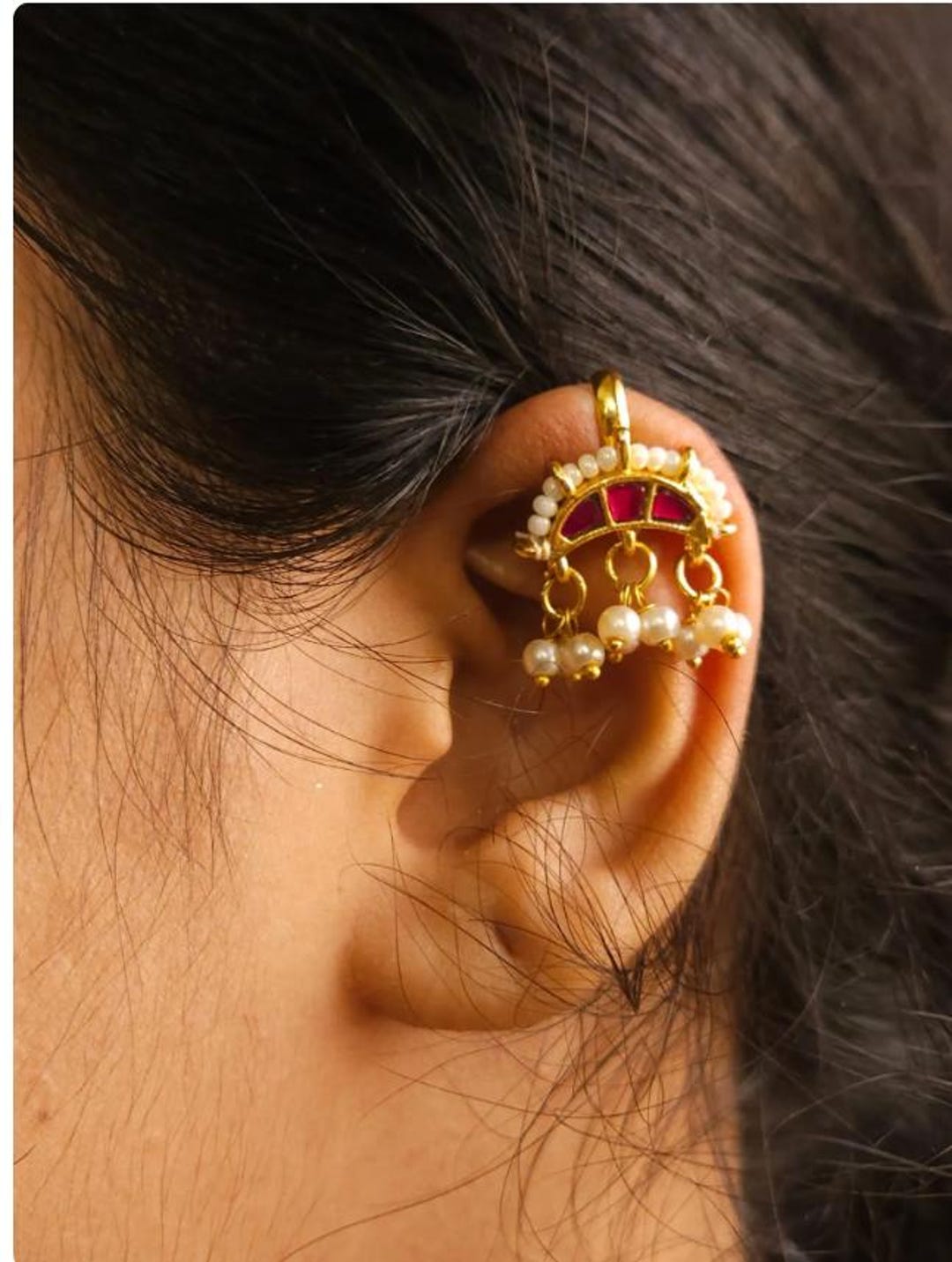 Bugadi Gold-plated Kundan Ear Cuff, Indian Kaanphool Clip Ear Wrap Stud ...