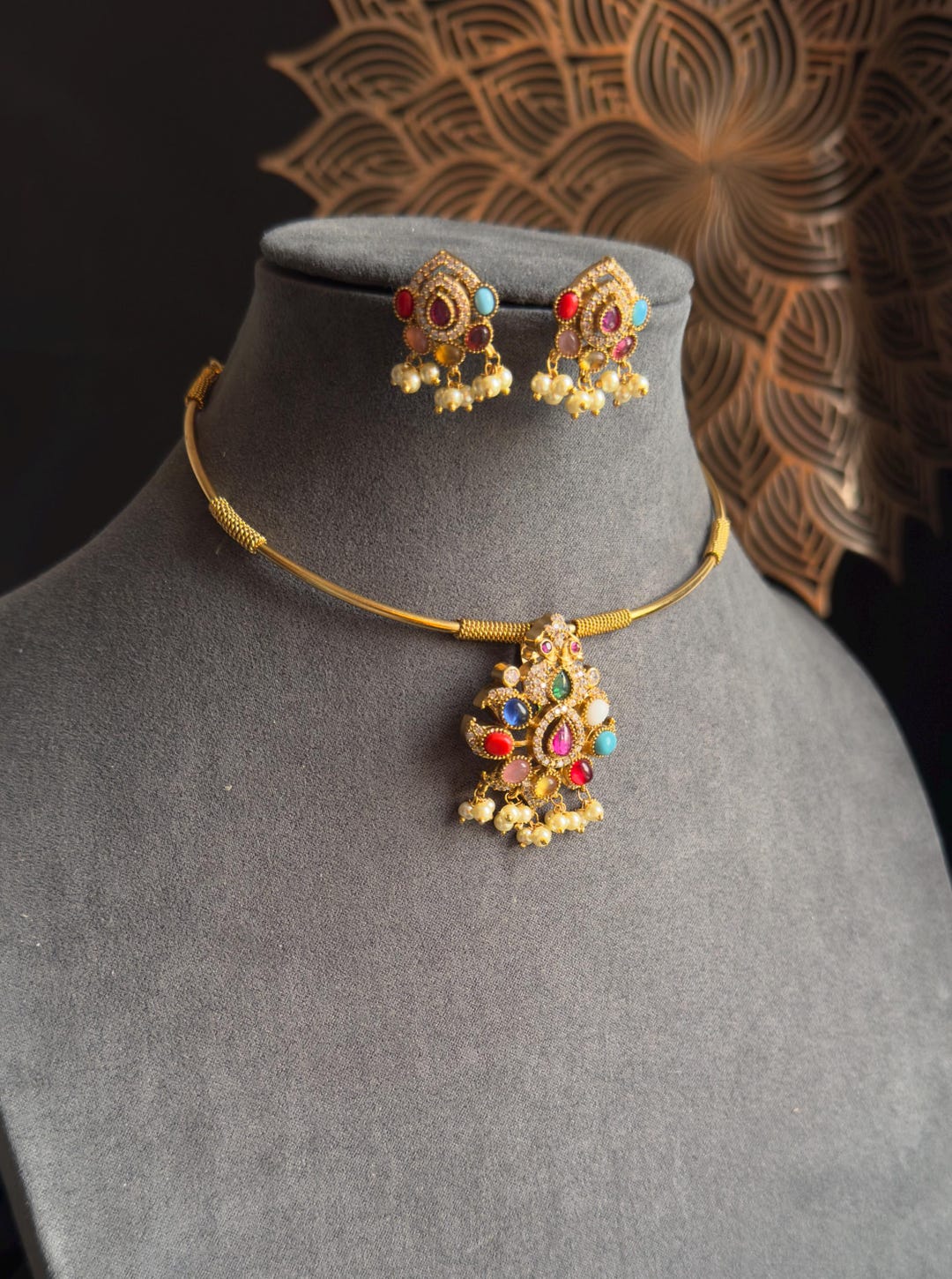 Navarathan Gemstone Pendant Style Hasli South Indian Necklace Earring ...