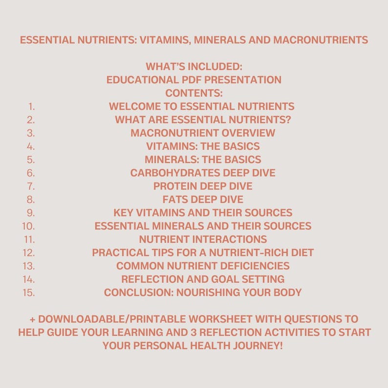 Essential Nutrients: Vitamins, Minerals, and Macronutrients Printable ...