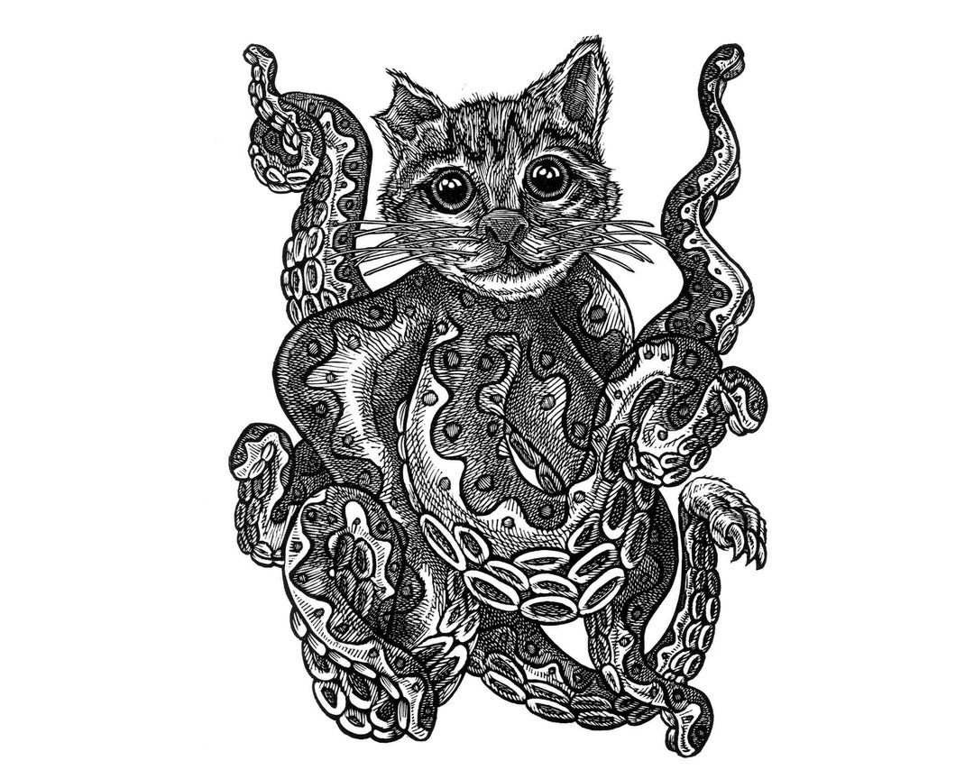 Cathulhu Linoleum Cut Print - Etsy