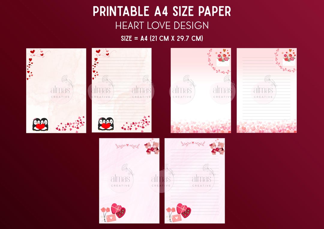Printable Notepaper Love Heart Design A4 Size Paper 1 - Etsy