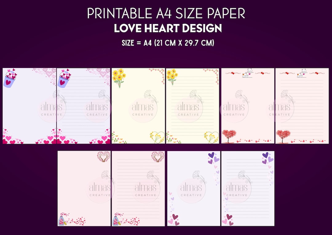 Printable Notepaper Love Heart Design A4 Size Paper 2 - Etsy