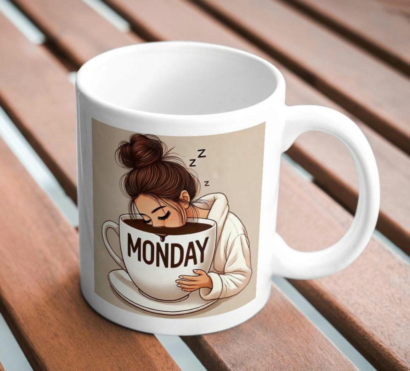 Funny Monday Coffee Art | Sleepy Girl in Giant Mug Printable | Monday ...
