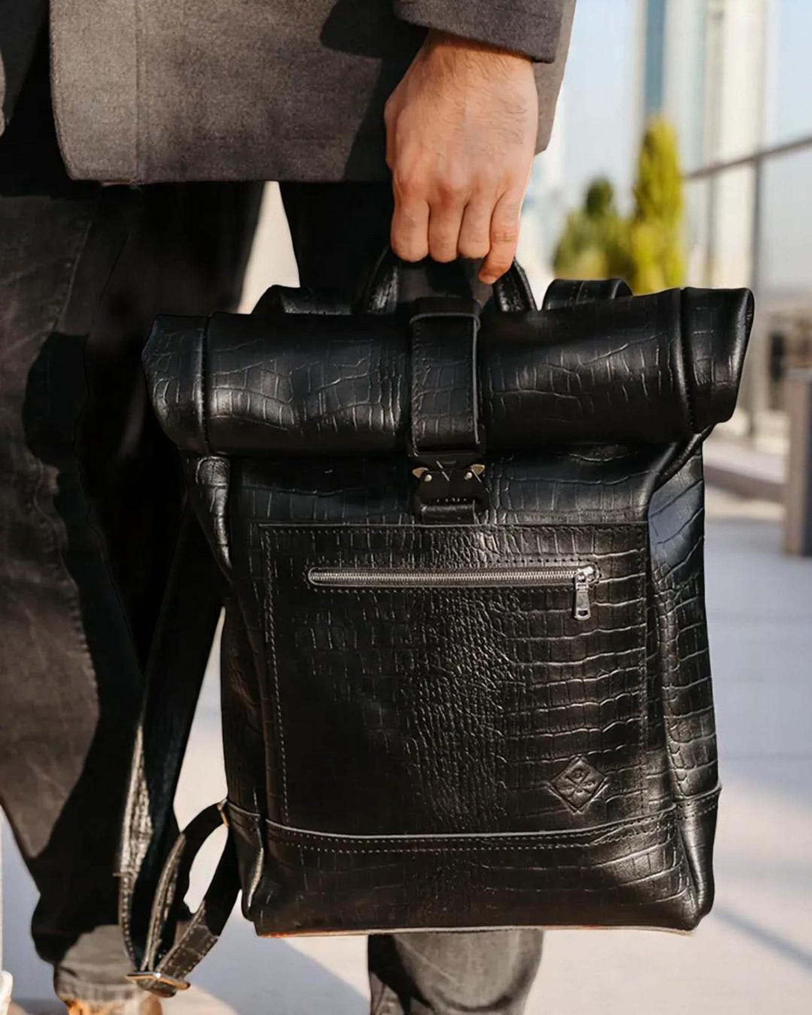 Leather Roll Top Backpack for Men – Handmade Black Rolltop Laptop ...