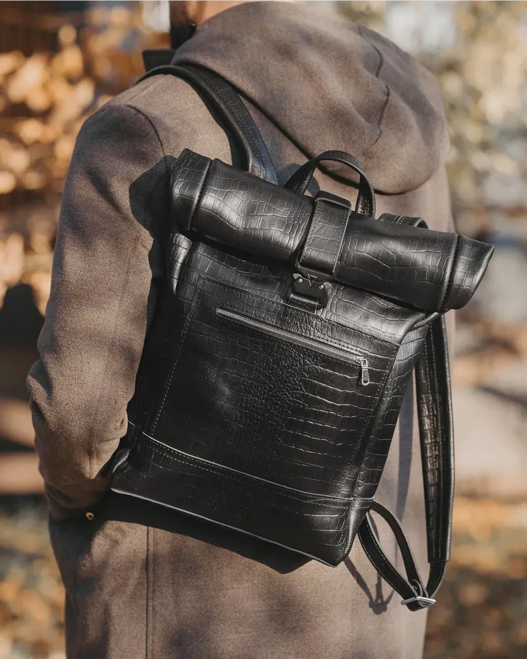 Leather Roll Top Backpack for Men – Handmade Black Rolltop Laptop ...