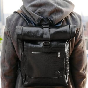 Leather Roll Top Backpack for Men – Handmade Black Rolltop Laptop ...