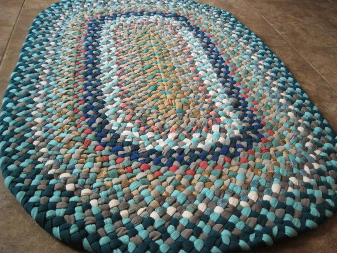 Made to Order Handmade Recycled Aqua Braided Oval Rug / Rag Rug in Your ...
