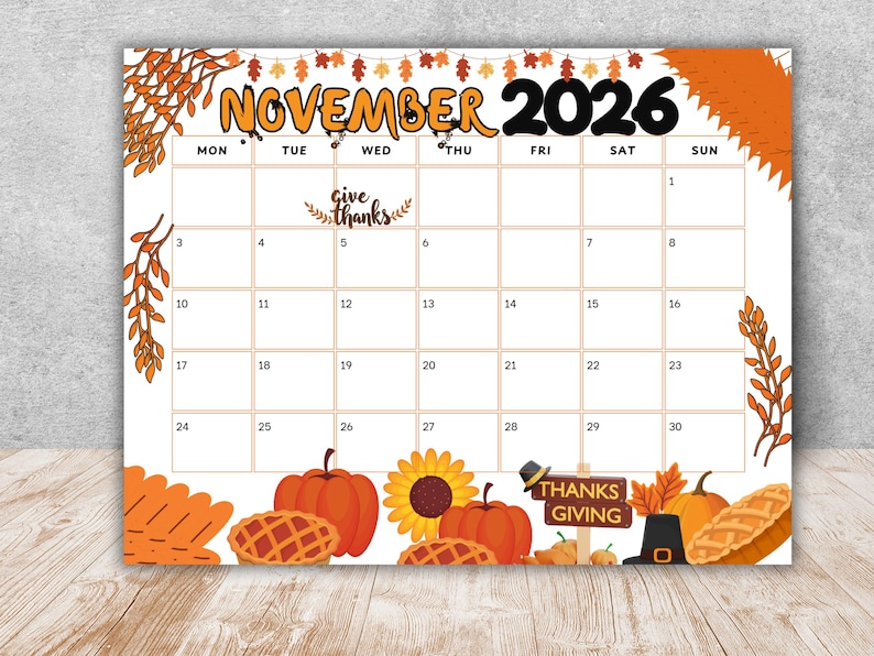 Canva Editable November 2026 Calendar, Happy Thanksgiving Month ...