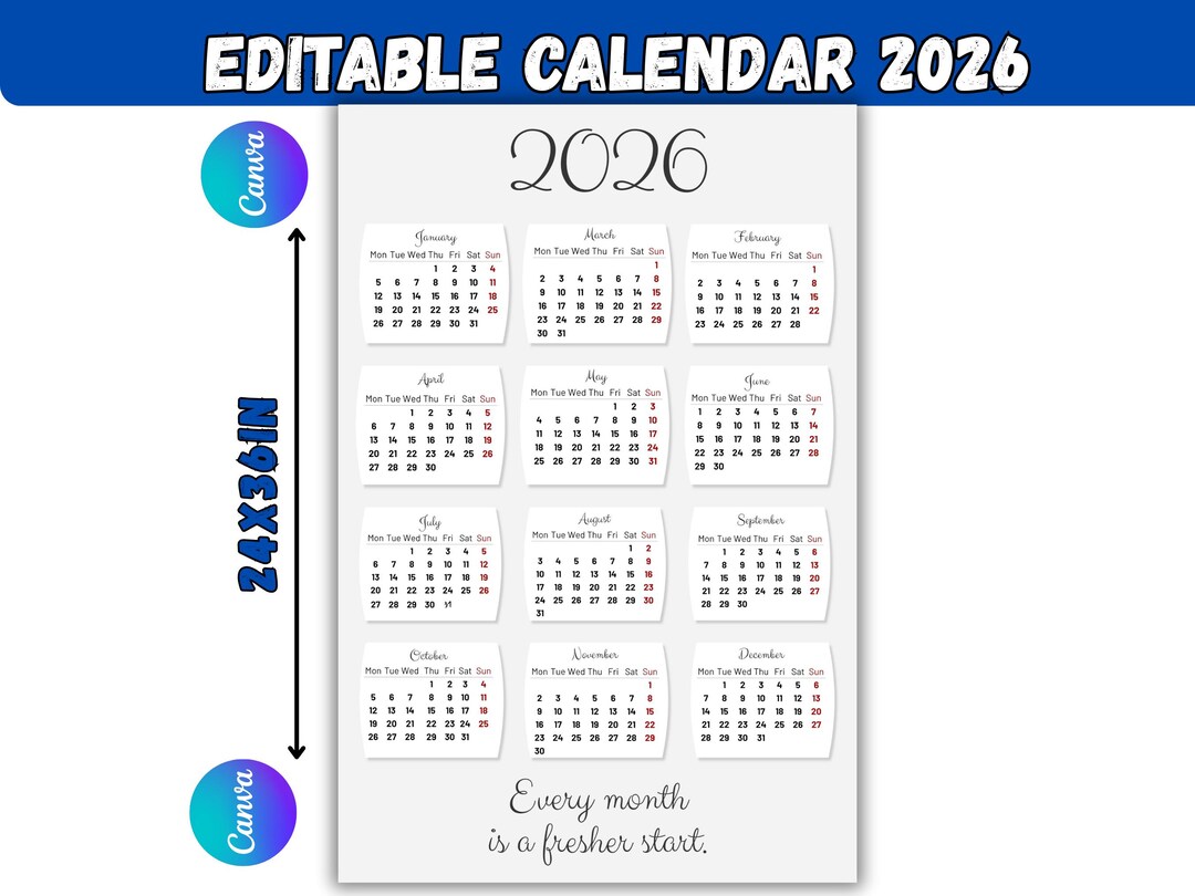 2026 At-a-glance Wall Calendar Printable & Editable | One Page 12-month ...