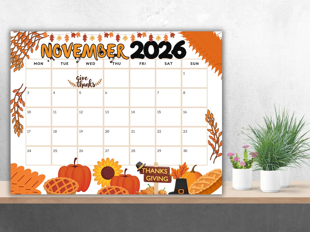 Canva Editable November 2026 Calendar, Happy Thanksgiving Month ...