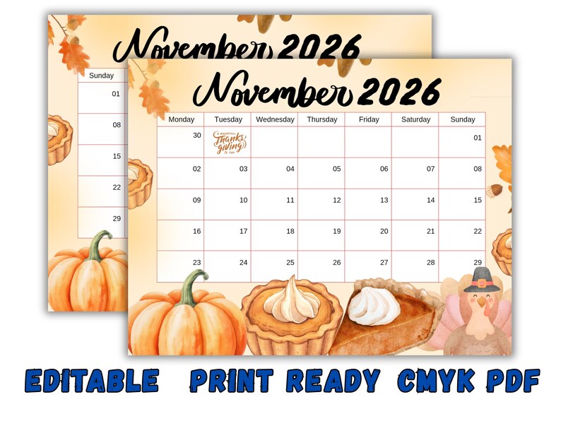 Canva Editable November 2026 Calendar, Mon & Sun Happy Thanksgiving ...