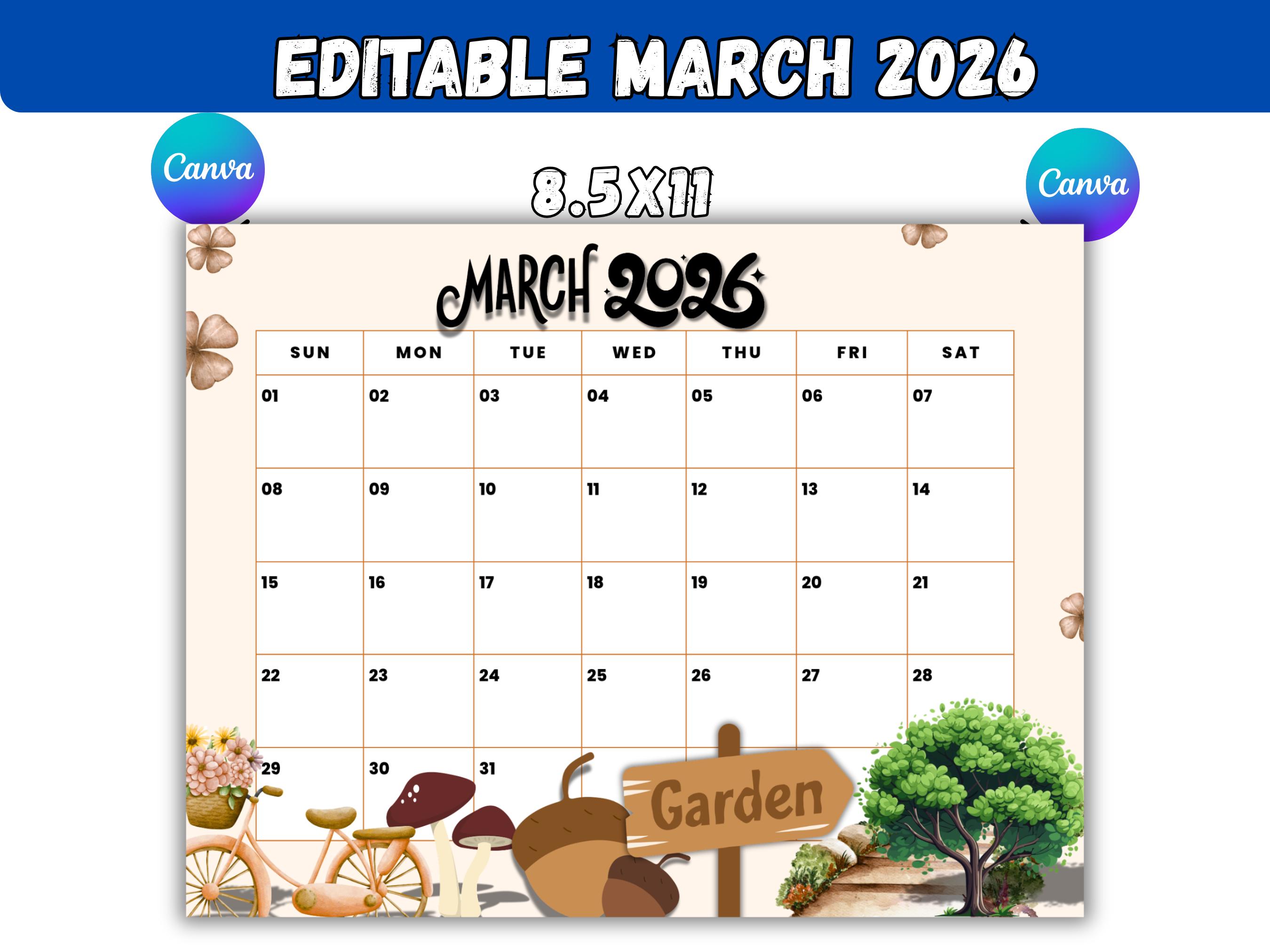 March 2026 Editable Calendar | Printable Monthly Planner PDF | School ...