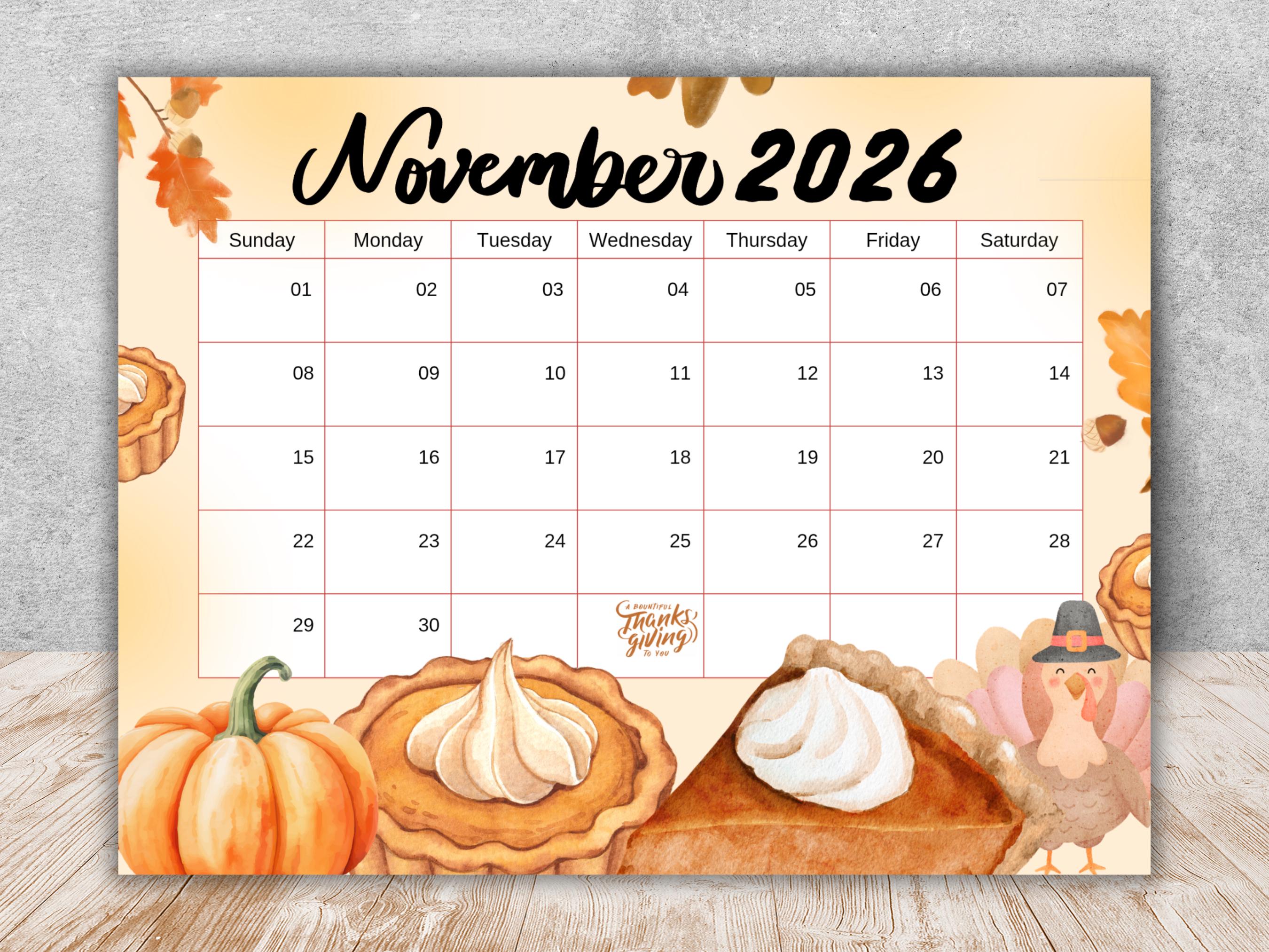 Canva Editable November 2026 Calendar, Mon & Sun Happy Thanksgiving ...