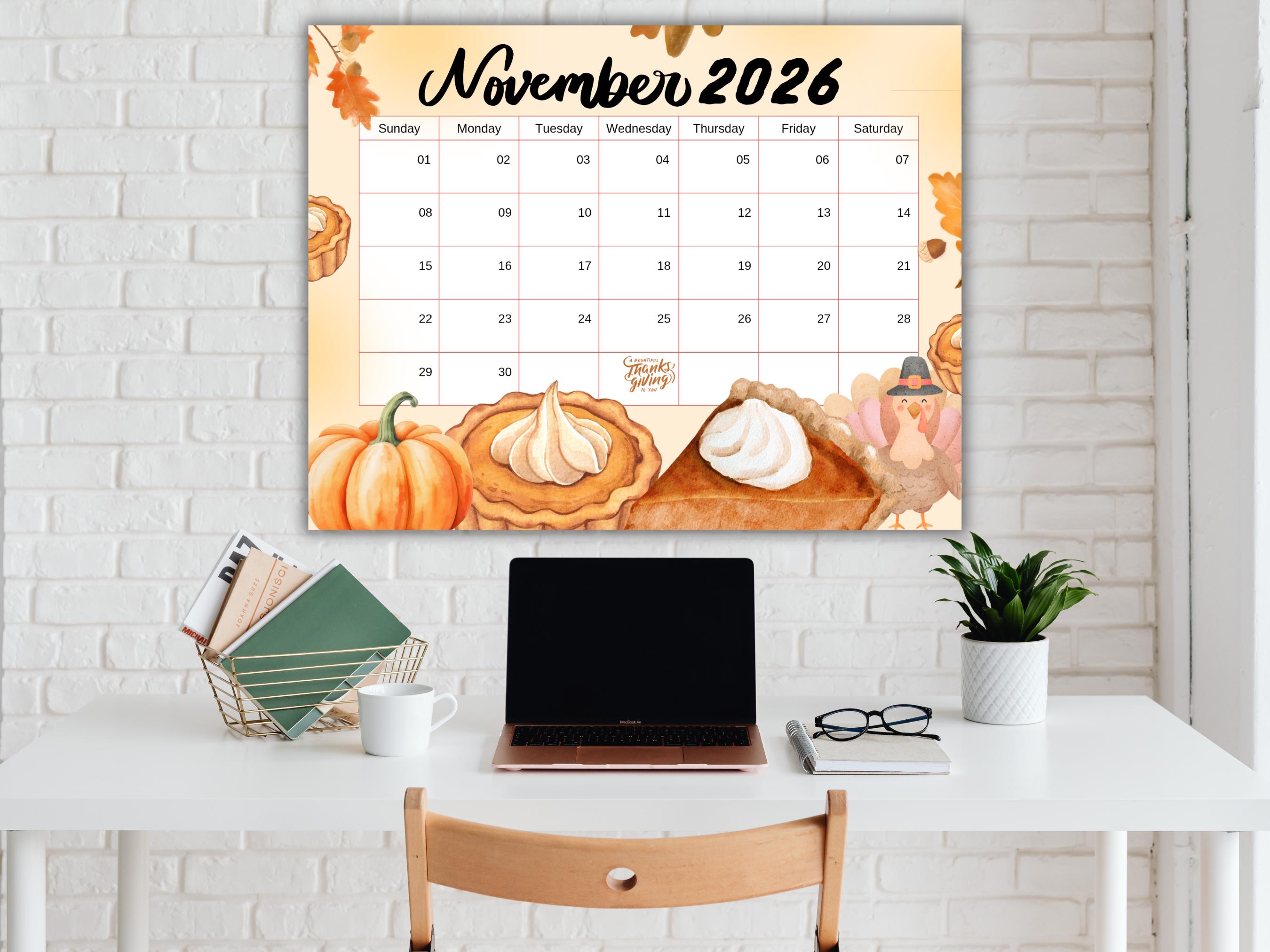 Canva Editable November 2026 Calendar, Mon & Sun Happy Thanksgiving ...