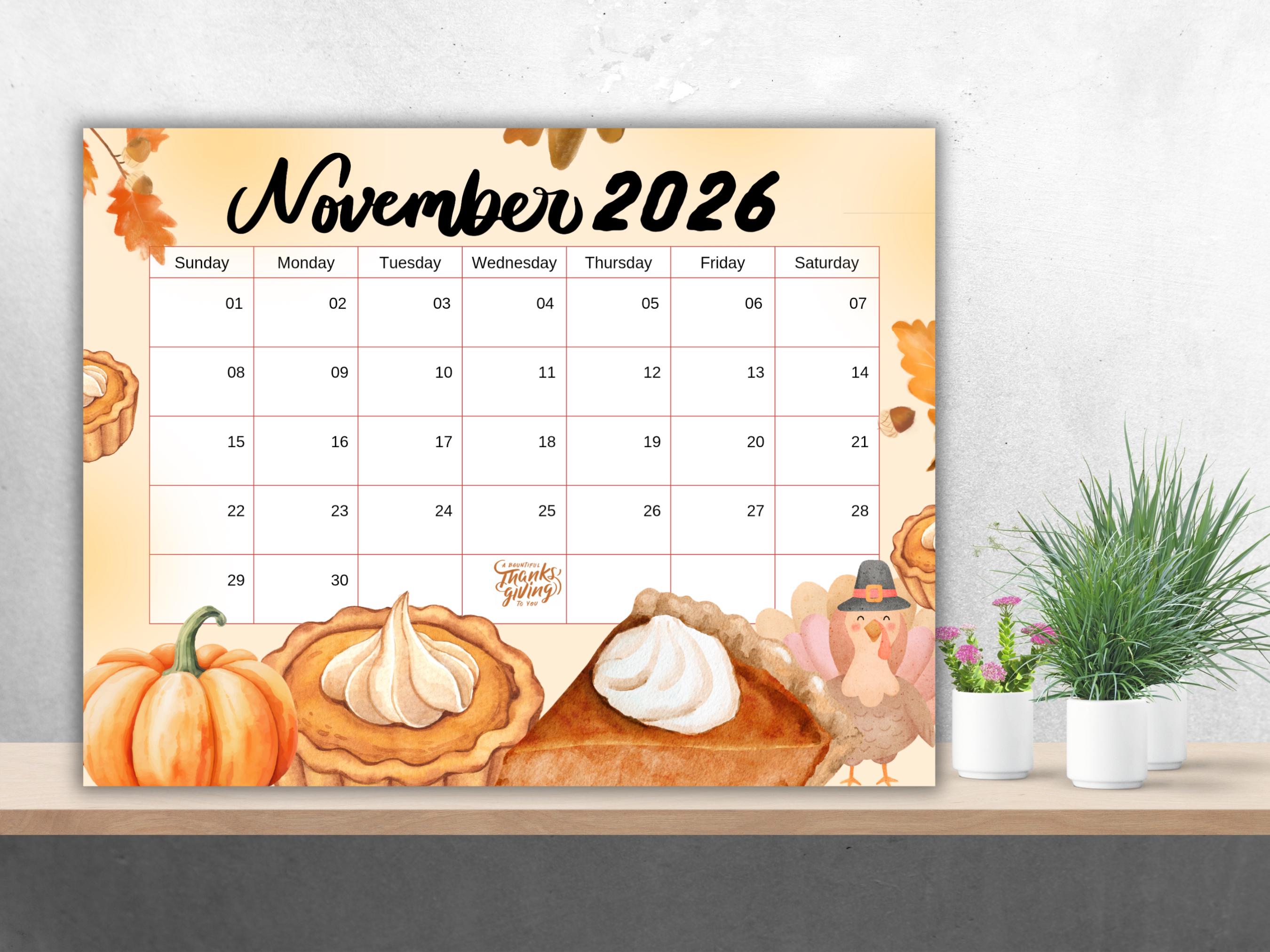 Canva Editable November 2026 Calendar, Mon & Sun Happy Thanksgiving ...