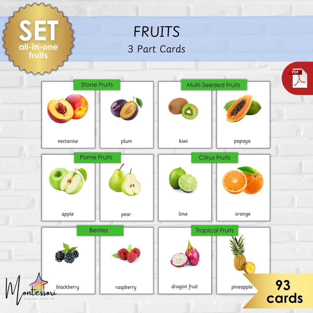 Fruits-montessori Fruits Flashcards–stone Fruts-multi-seeded Fruits ...