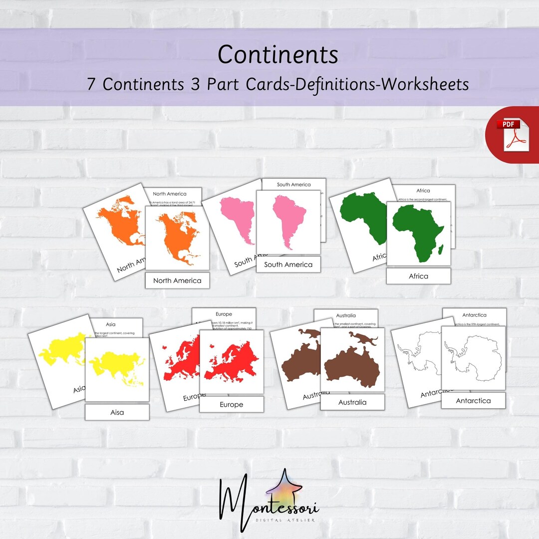 Montessori CONTINENTS 3 Part Cards-continents of the World-7 Continents ...