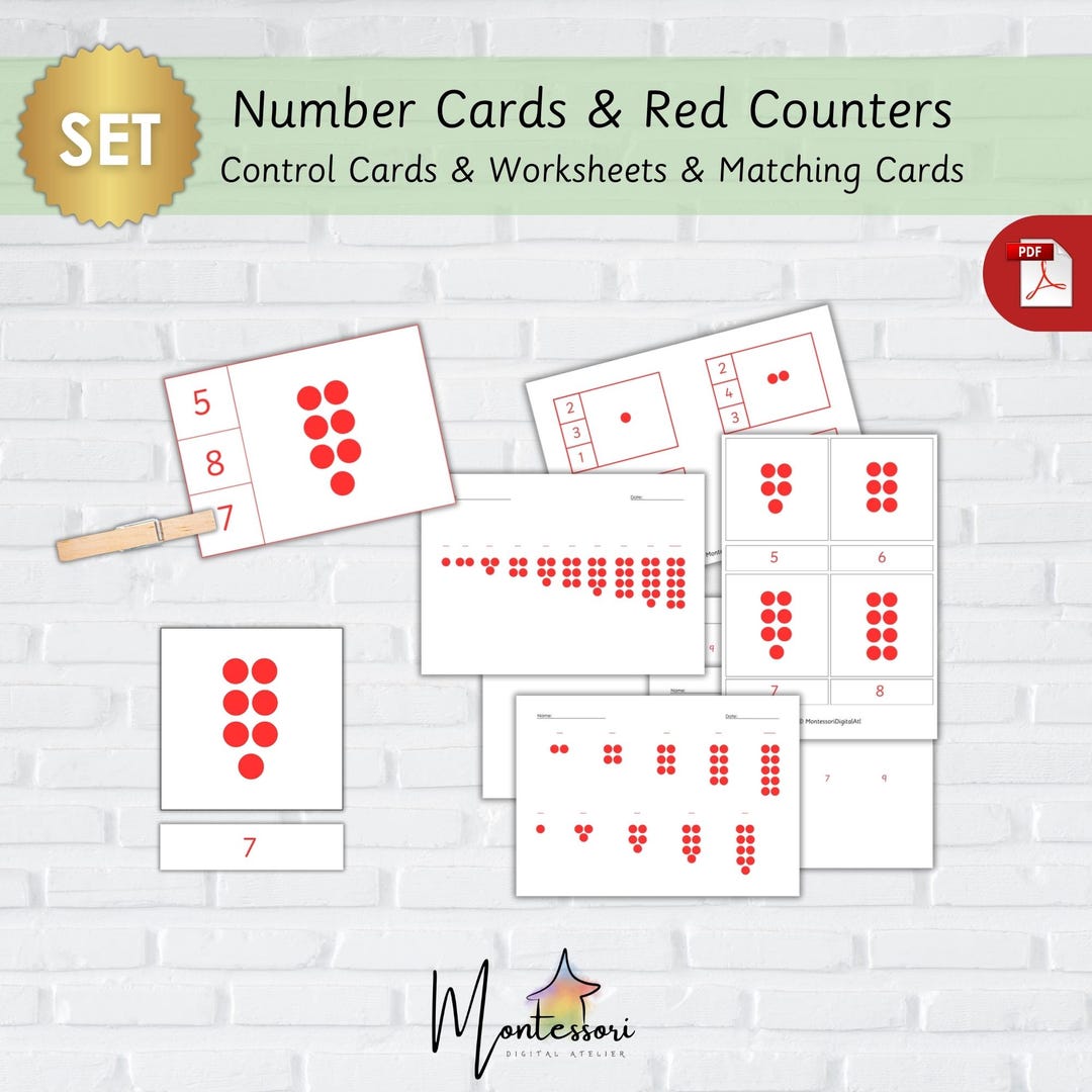 Montessori Number Cards and Red Counters-printable Numbers and Counters ...