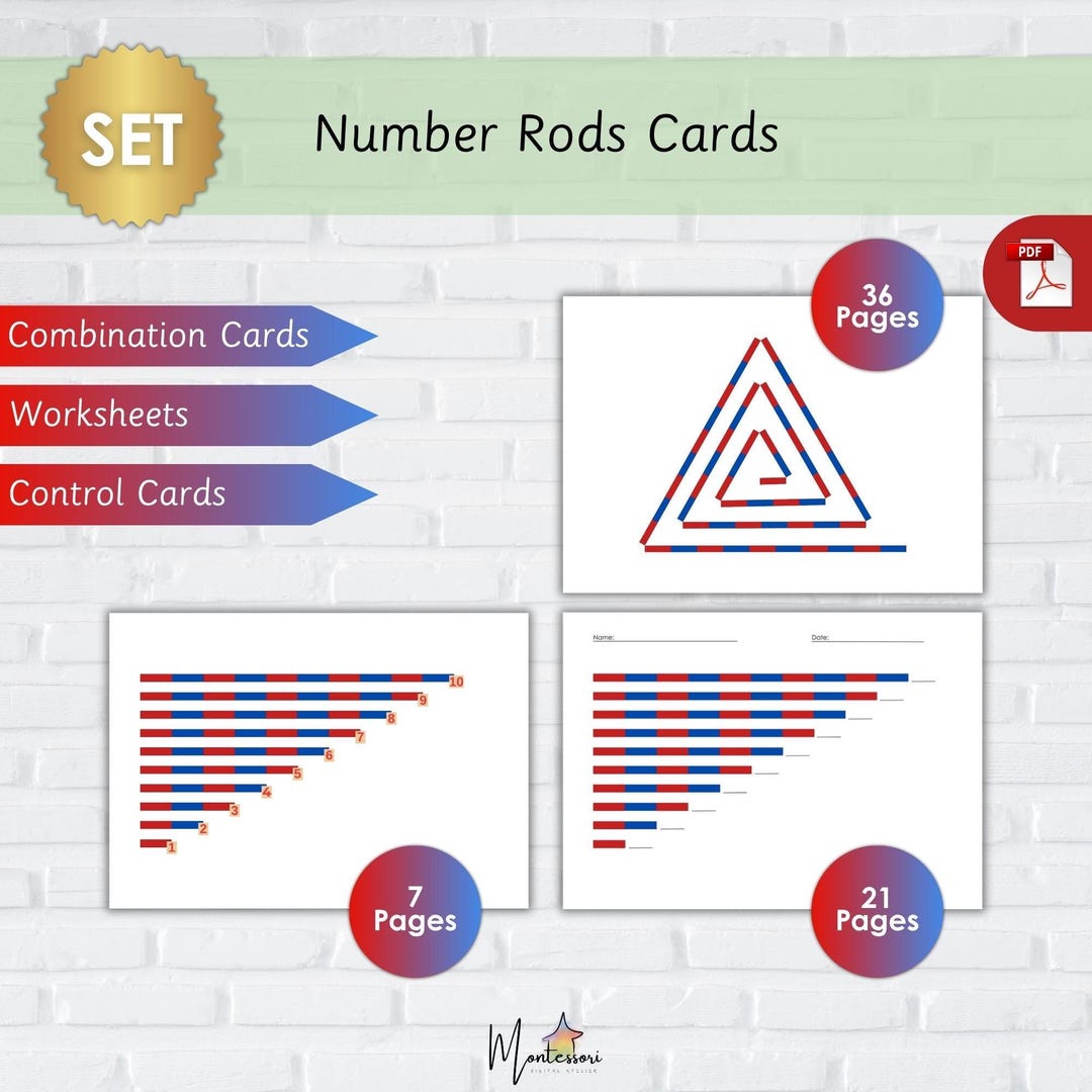 NUMBER RODS SET- Montessori Number Rods Combination Cards-worksheets ...