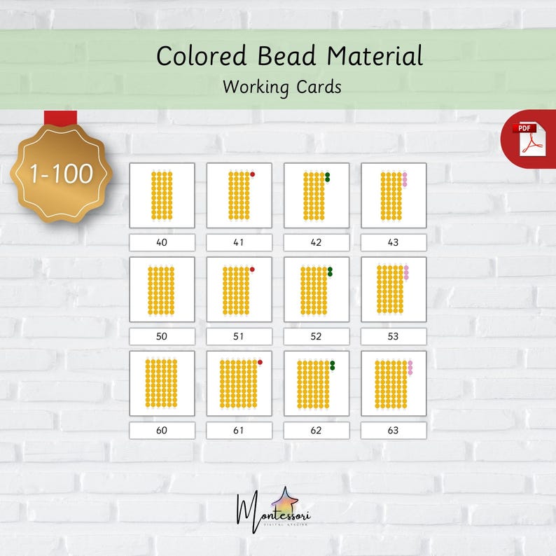 Montessori Colored Bead Working Cards- 1-100 Number Matching Activity ...