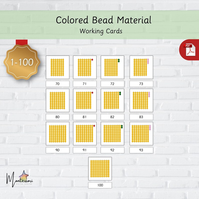 Montessori Colored Bead Working Cards- 1-100 Number Matching Activity ...