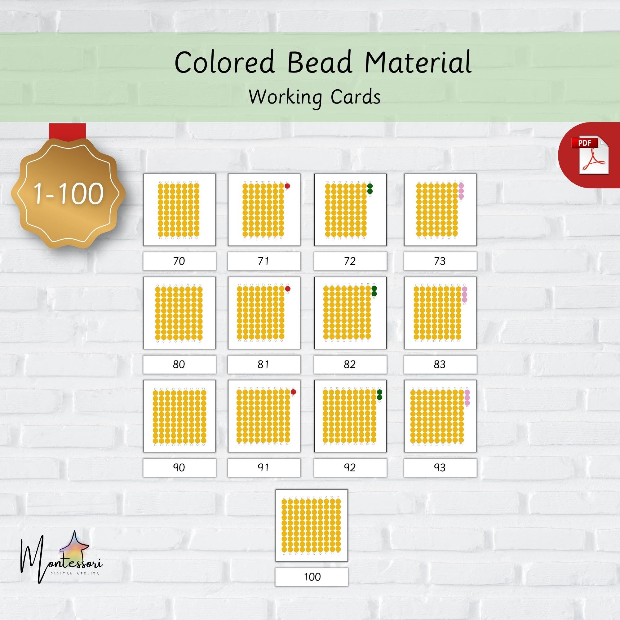 Montessori Colored Bead Working Cards- 1-100 Number Matching Activity ...