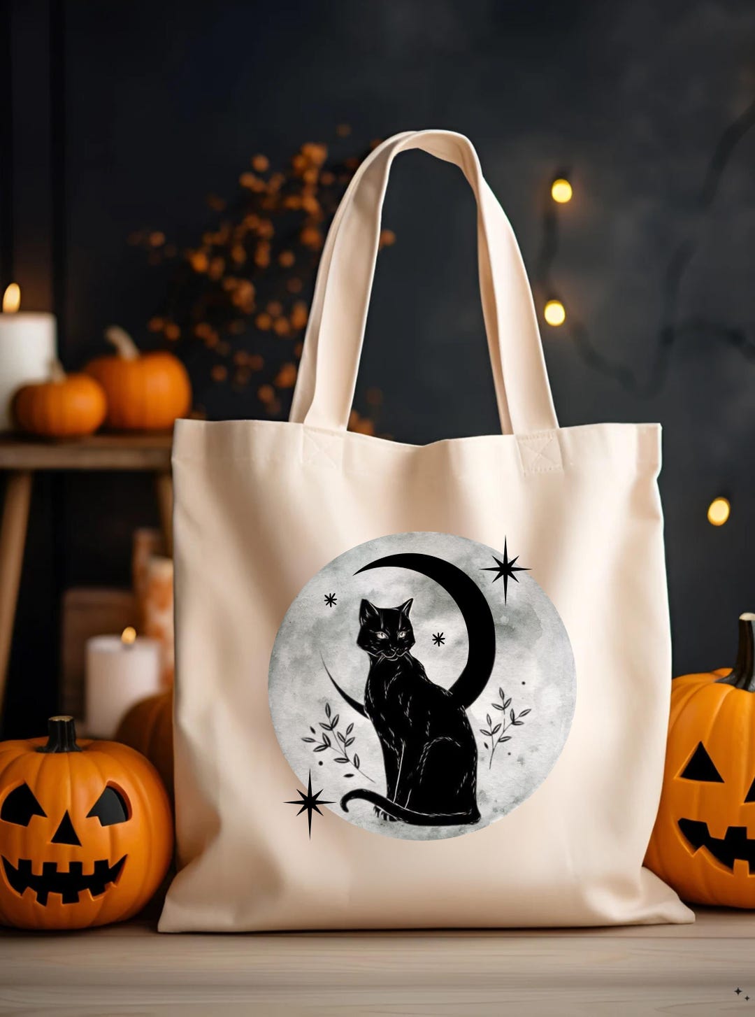 Halloween Black Cat Cotton Canvas Tote Bag, Halloween Cat Tote Bag, Cat ...