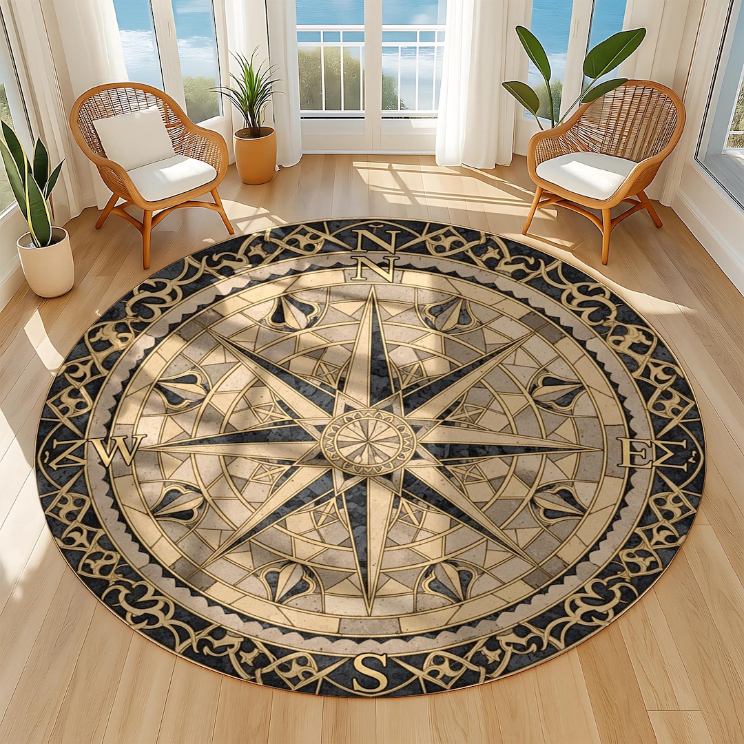 Antique Compass Rose Rug – Vintage Nautical Navigation Design Round ...
