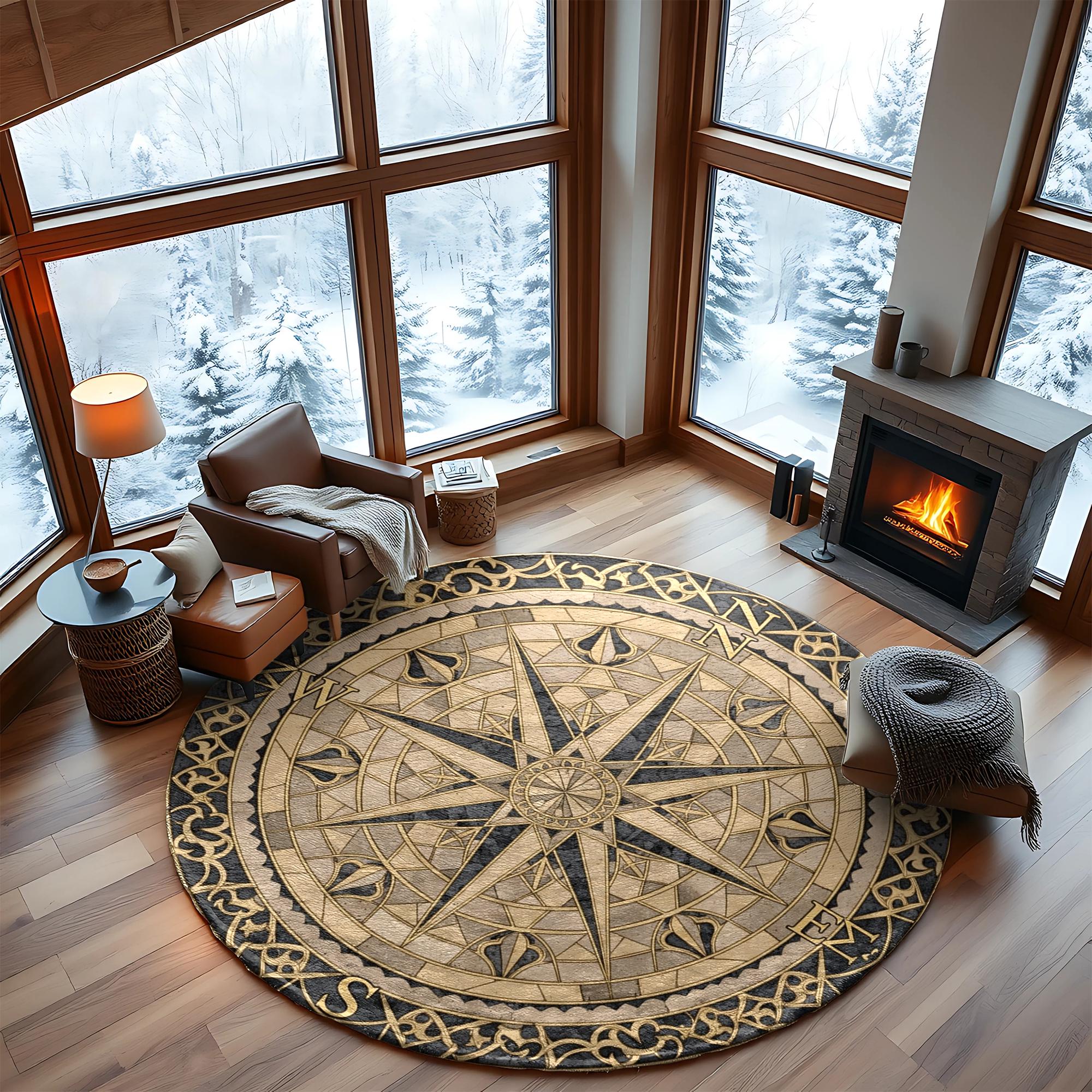 Antique Compass Rose Rug – Vintage Nautical Navigation Design Round ...