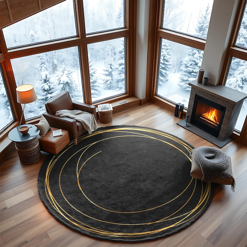 Luxury Black Gold Round Rug, Modern Abstract Area Carpet, Elegant ...